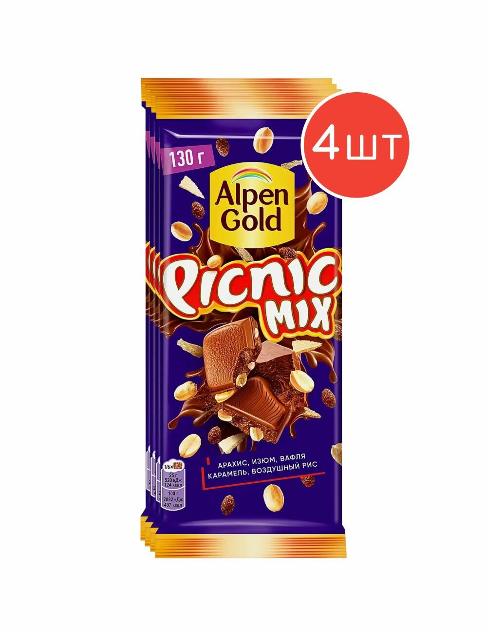 Шоколад молочный Alpen Gold Picnic Mix 130г 4шт