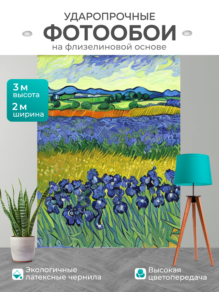 Фотообои моющиеся ударопрочные "Ван гог пейзаж с ирисами" 200x300 см. флизелиновые на стену