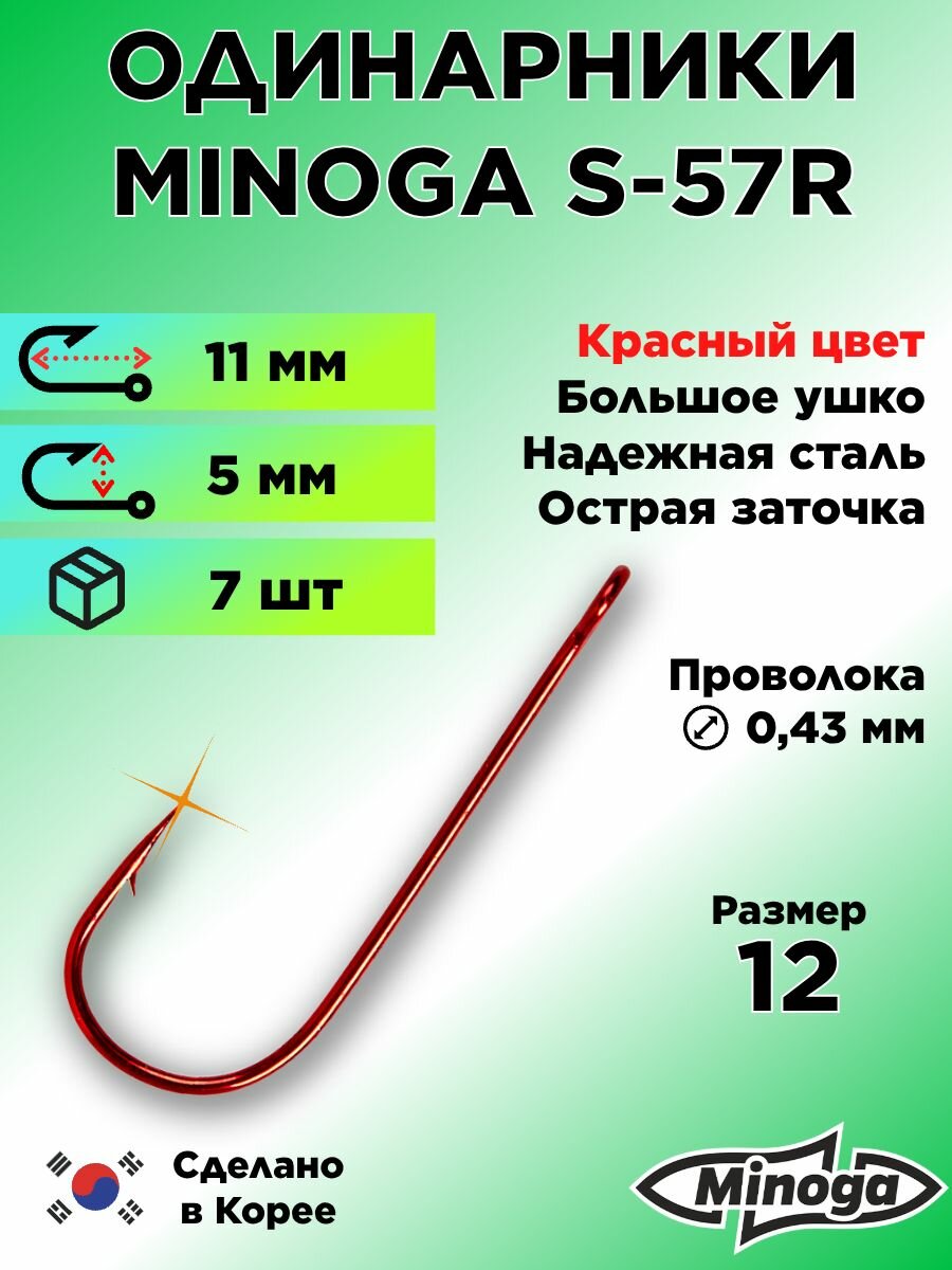 Одинарный крючок Minoga S-57R №12 (7 шт) красный. Прямые крючки с большим ушком для джига и микроджига