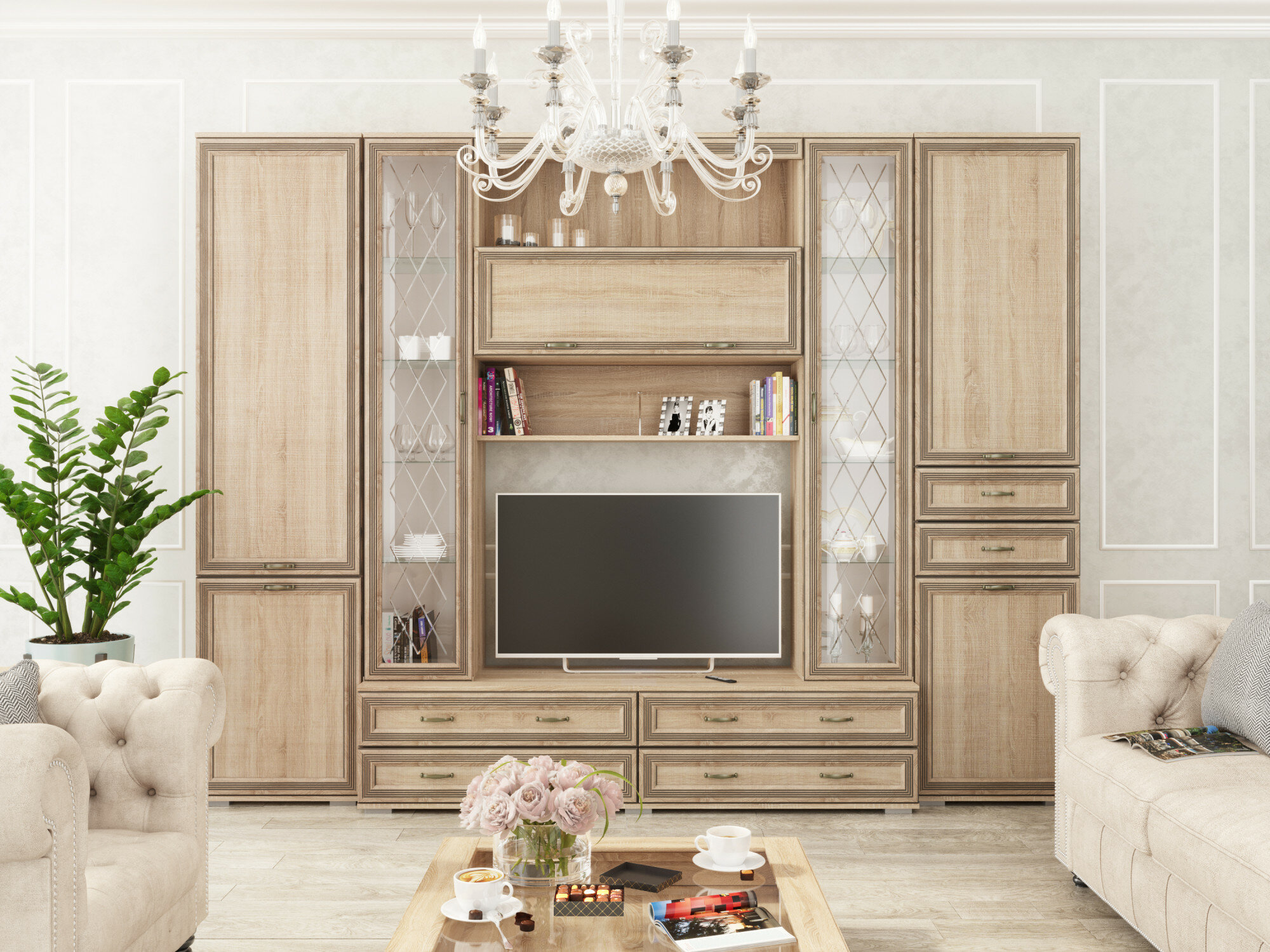 Модульная гостиная, набор 4, Дуб сонома (Фасад патинированная рамка и 3Д вставка МДФ)