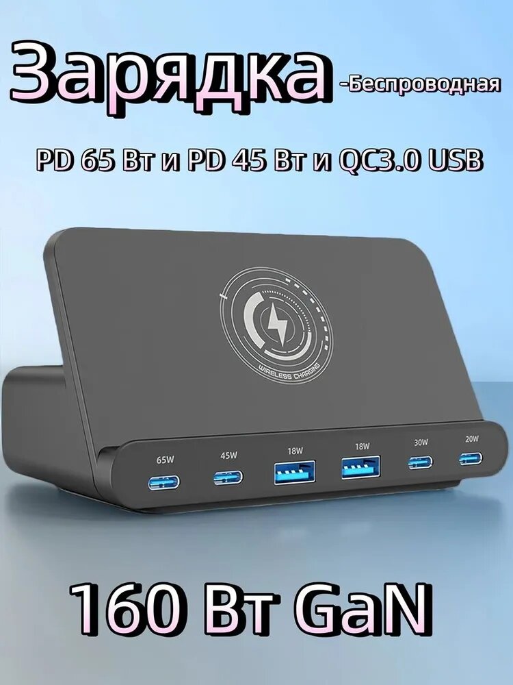 Мультибаза 828: 160W Нитрид галлия, PD65W QC3.0, 15W беспроводной заряд