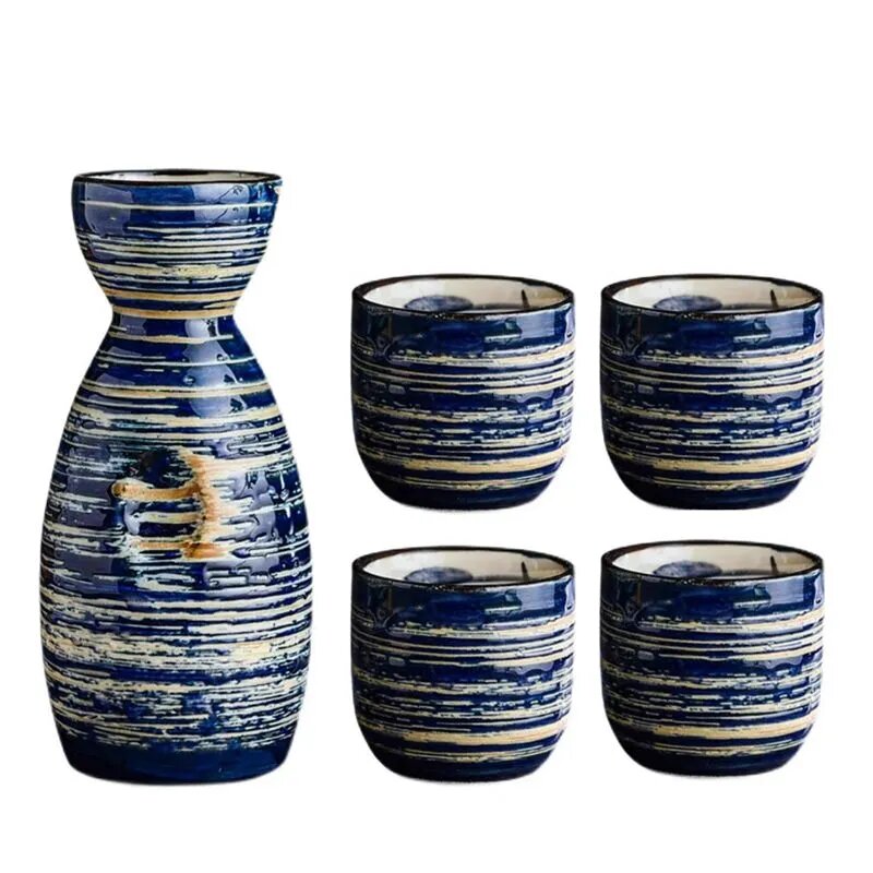 Керамический набор для саке и коньяка (1 бутылка + 4 стопки), 150 мл, темно-синий