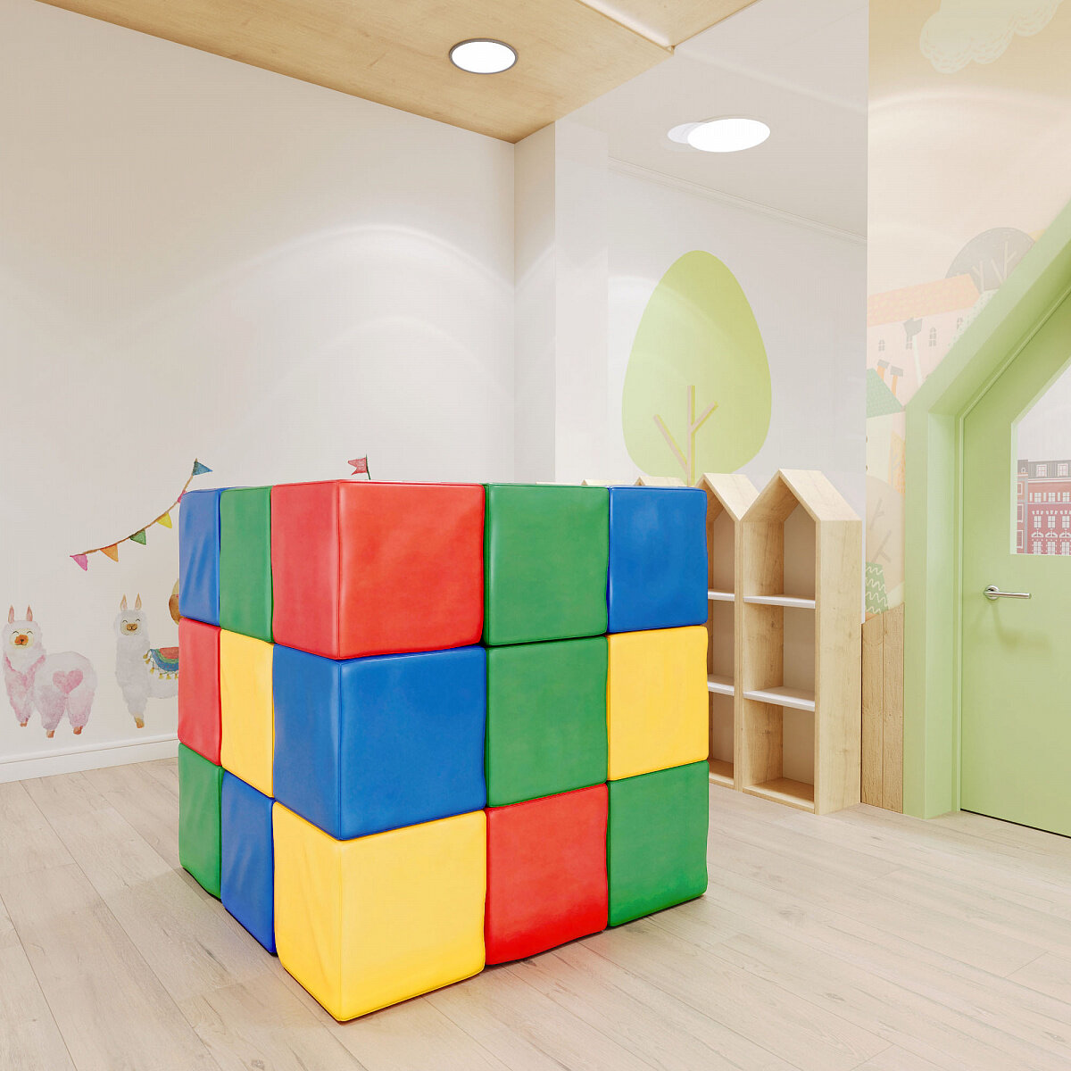 Кубик-рубик ДМФ-МК-27.90.13 разноцветные мягкие блоки (зеленый/оранжевый/голубой/желтый)