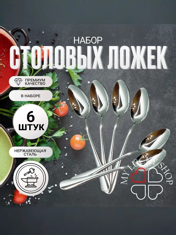 Набор столовых ложек My Lucky Shop, нержавеющая сталь, 21,5 см, 6 шт