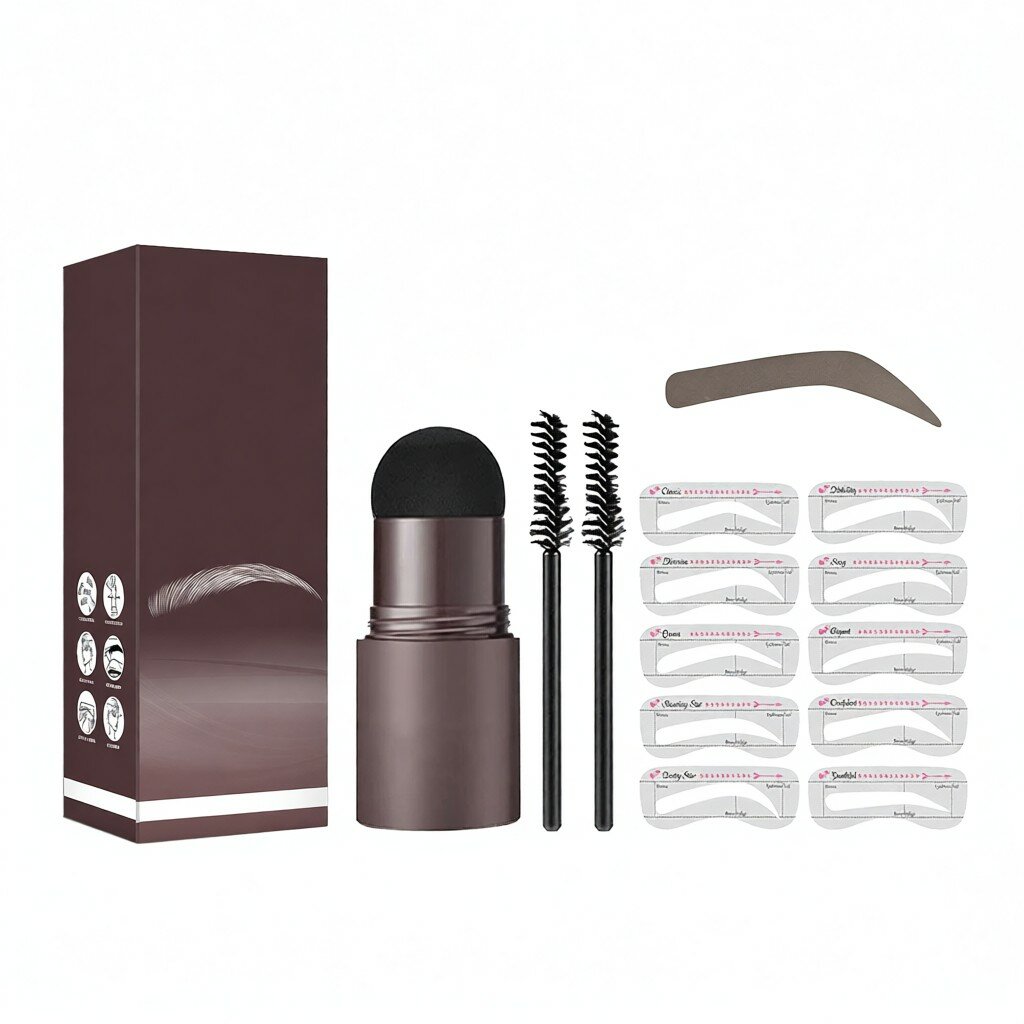 Набор для коррекции и формирования бровей : штемпель с пудрой для бровей, 10 трафаретов для бровей, 2 спиральных кисти для бровей, пудра для линии волос, 3 оттенка: Темно-серый, Темно-коричневый, Средне-коричневый