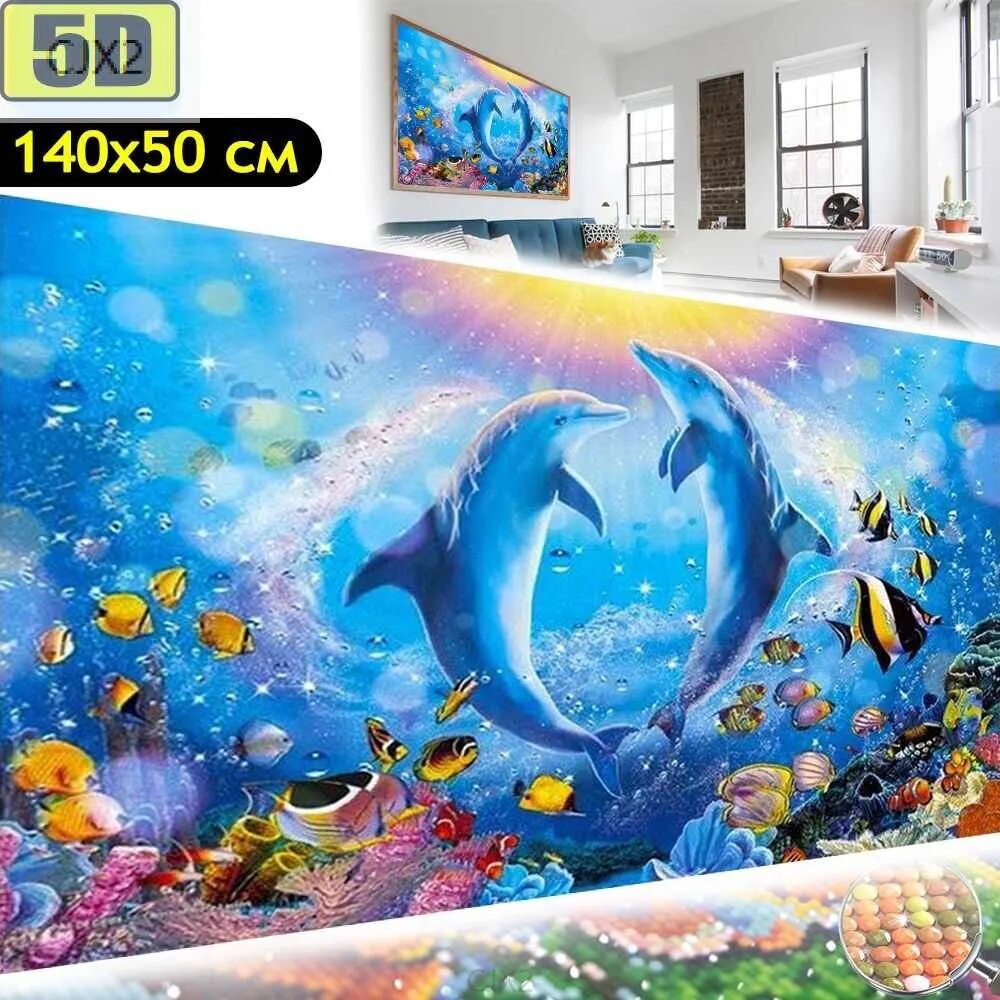 Алмазная мозаика "дельфин" / Алмазная вышивка / Круглая картина стразами Полная выкладка 140х50 см размер холста, 135х45 см размер картины(без подрамника, без рамки)-CJX2