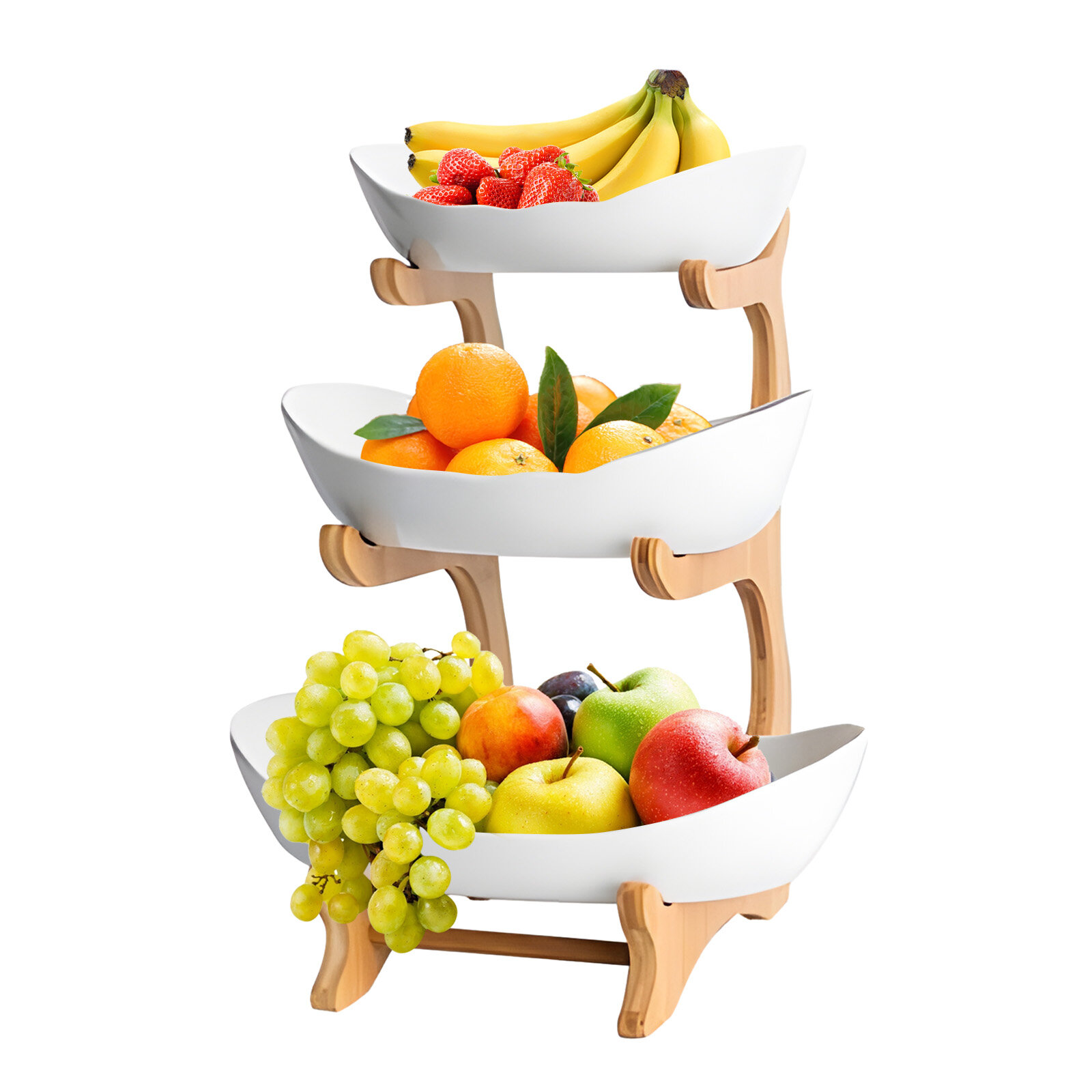 3-ярусная фруктовая корзина для кухни Керамическая ваза для фруктов с бамбуковой подставкой Простая установка 3-ярусная подставка для сервировки Поднос для закусок, десертов и тортов Подставка для тарелок для вечеринок, свадеб и фуршетов