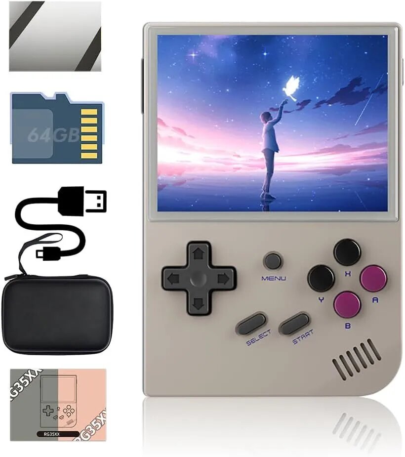 Портативная игровая консол Anbernic RG35XX,3,5" OCA 640*480 Linux-система, Поддерживает телевизионный выход HDMI(64GB TF card) с переносным футляром серый