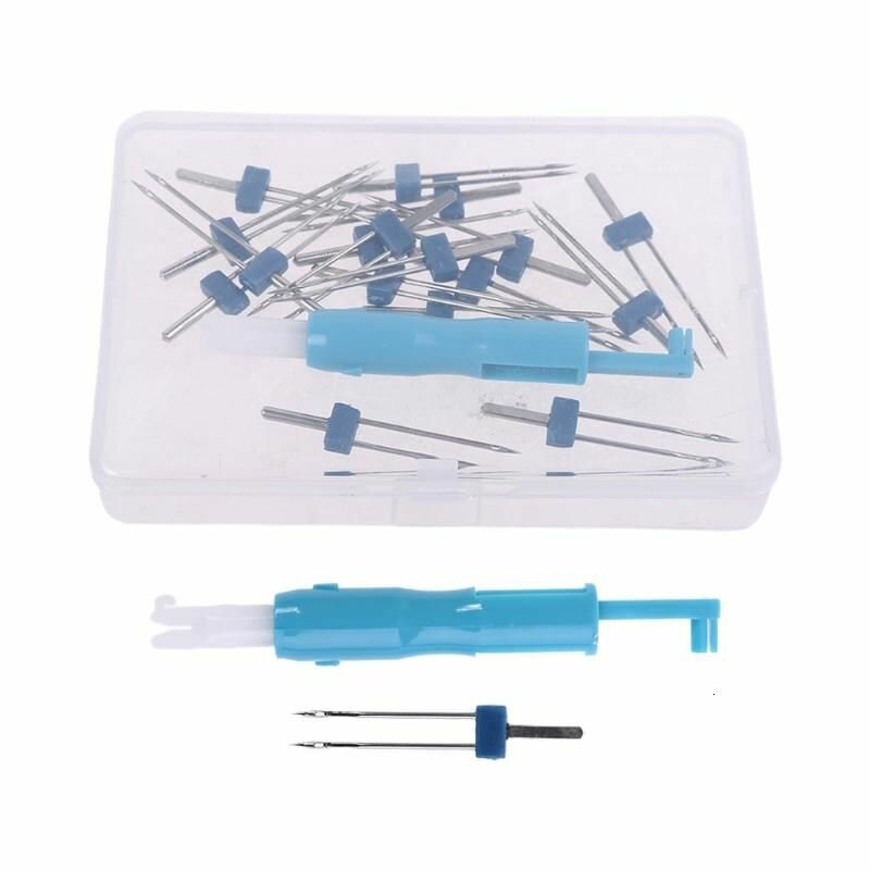 Двойные иглы для швейной машины (18 шт), - 02 Двойные иглы 3 спецификации, каждая по 6 шт (18 шт) + игольчатый нитевдеватель 1 шт в коробке