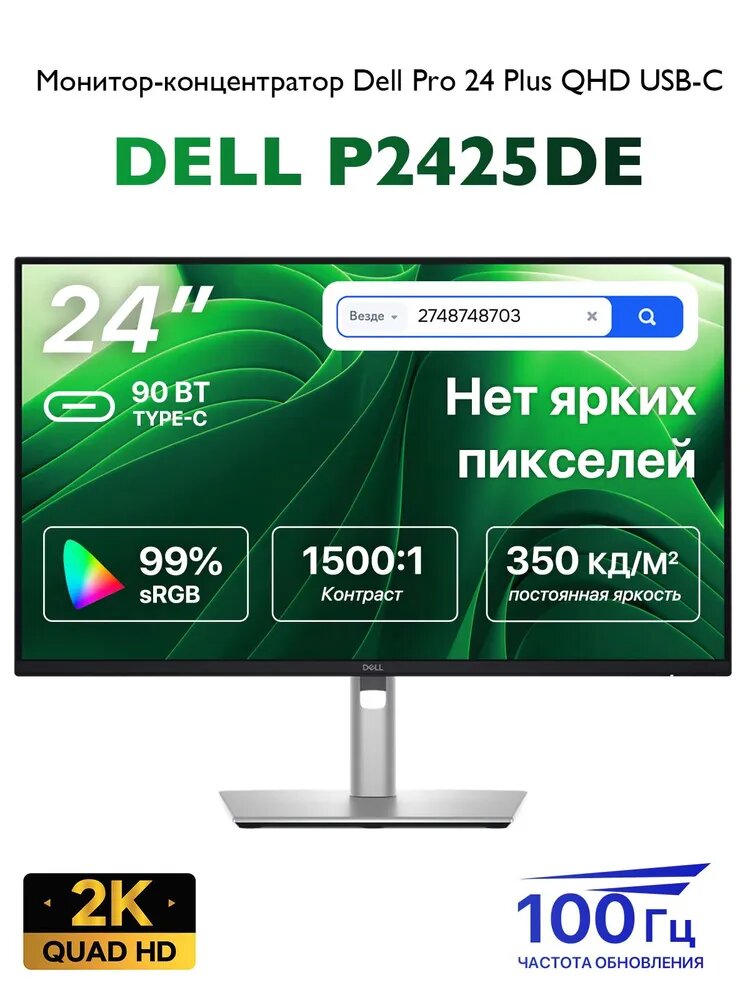 Dell 24" Монитор P2425DE 2K, 2560x1440, 100 Гц / USB-C, черный матовый