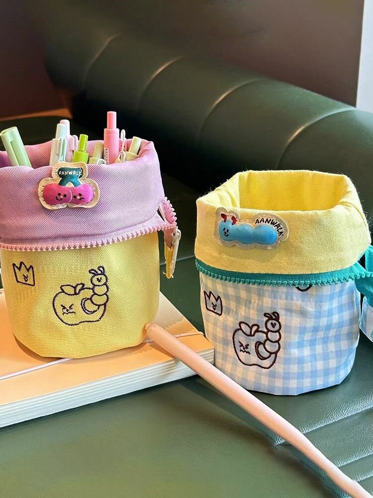 Креативный пенал-цилиндр с откидной крышкой Макарон, большая вместимость, вышивка, милые канцтовары для учебы
