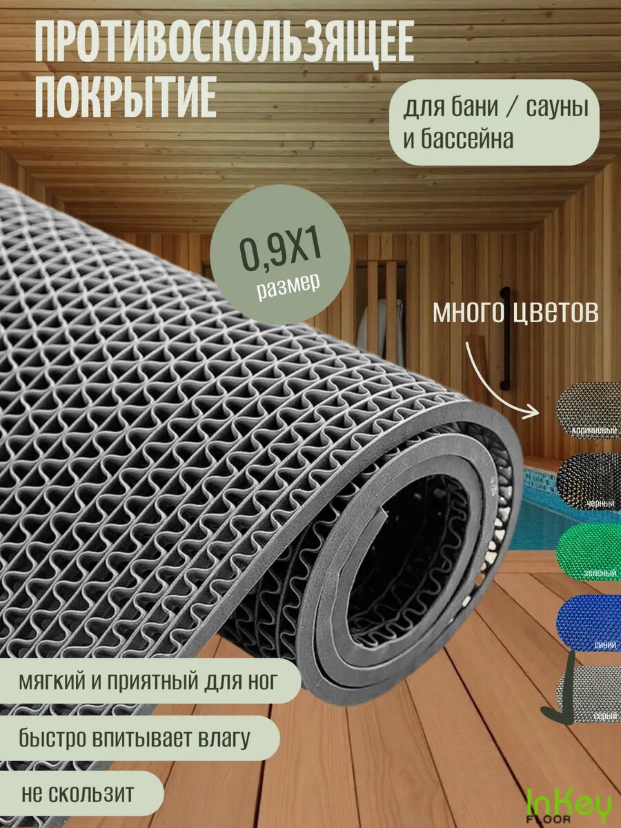 Противоскользящий коврик для бань, бассейна и душевых серый 1 метр длина