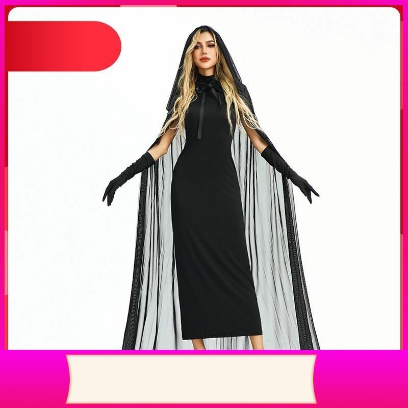 Эксклюзивный костюм ведьмы для осени 2025, включающий облегающее платье, накидку и перчатки, создан из полиэстера