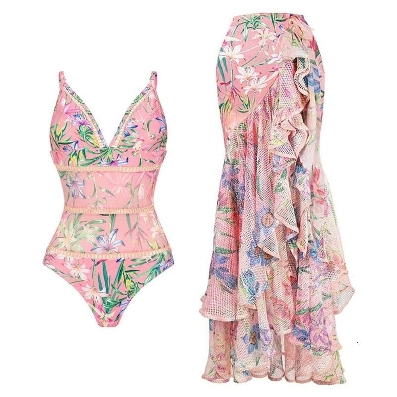 Женский купальник с юбкой-накидкой, цветочный принт, Розовый костюм - XL