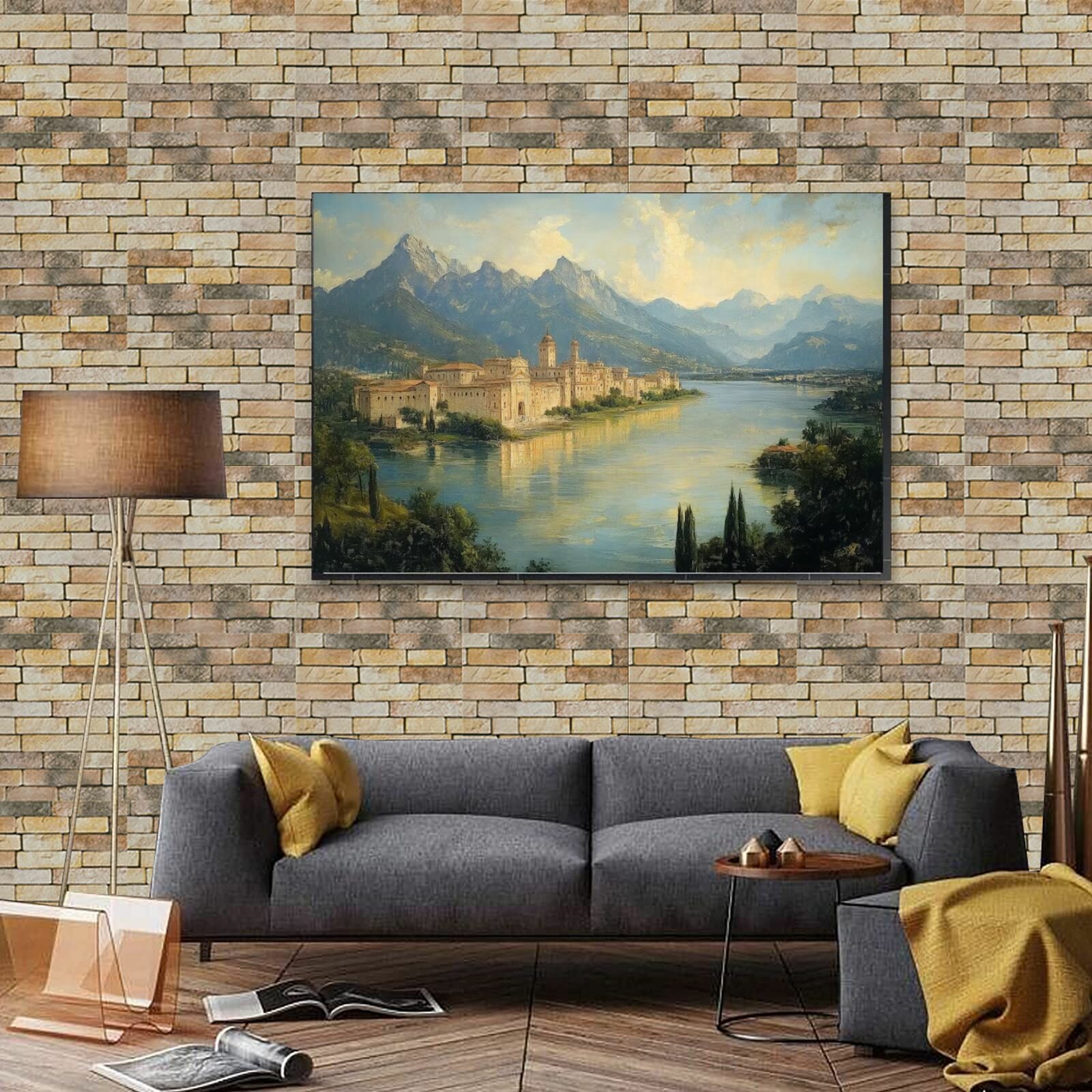 Картина "Город на реке", на холсте, на подрамнике, 50x80 см