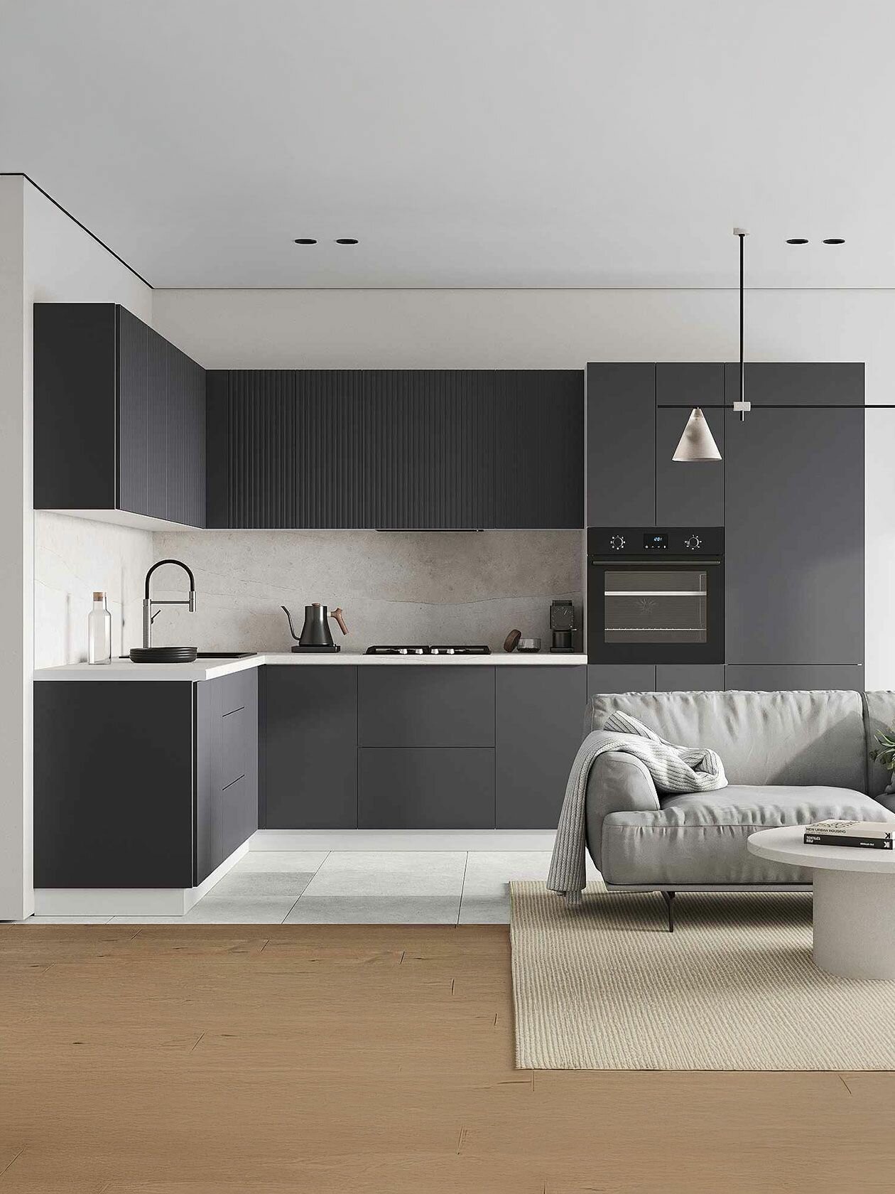 Кухонный гарнитур угловой Комби 3.2х2.2 м, мебель для дома и кухни, Белый / Графит