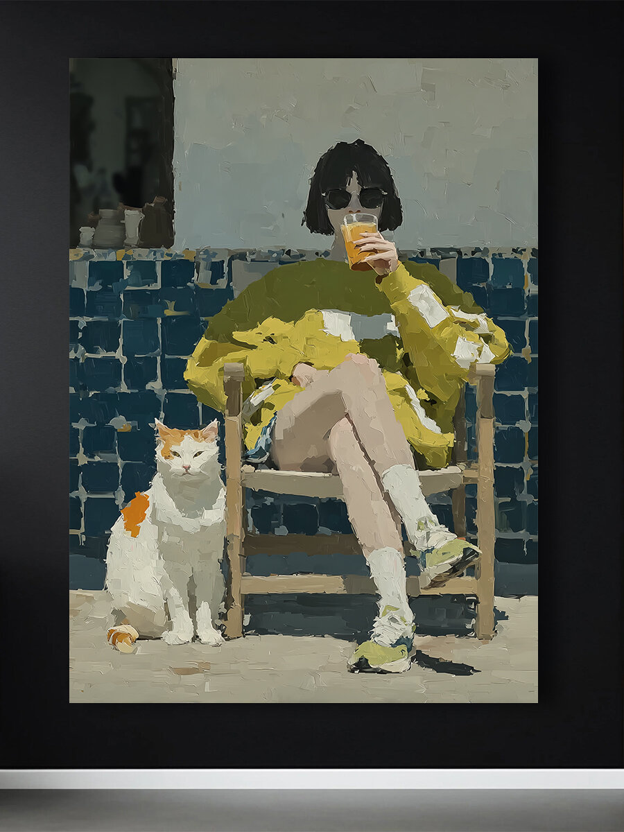 Картина интерьерная - "Девушка и котики на отдыхе, дизайнерский арт на стену" , 40х60 см.