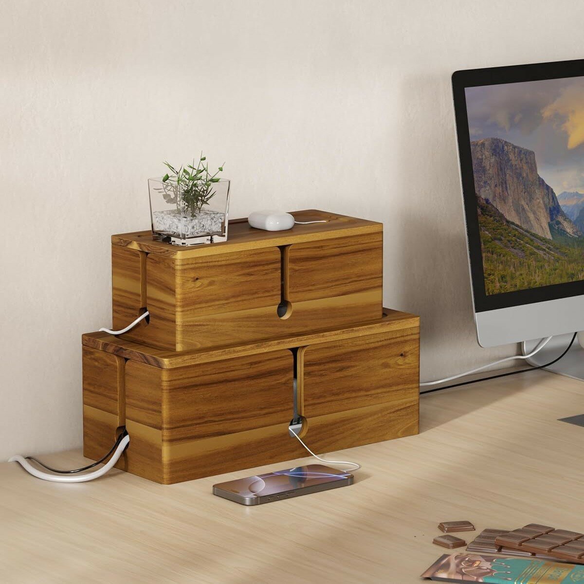 Деревянная настольная коробка для организации проводов, простое креативное управление кабелями, декоративная коробка для розетки телевизора