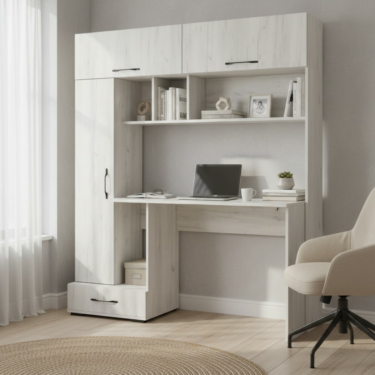 Компьютерный стол Памир ПКС-1, ЛДСП, Дуб Крафт белый, Ширина 1500 мм х Высота 1800 мм х Глубина 570 мм.