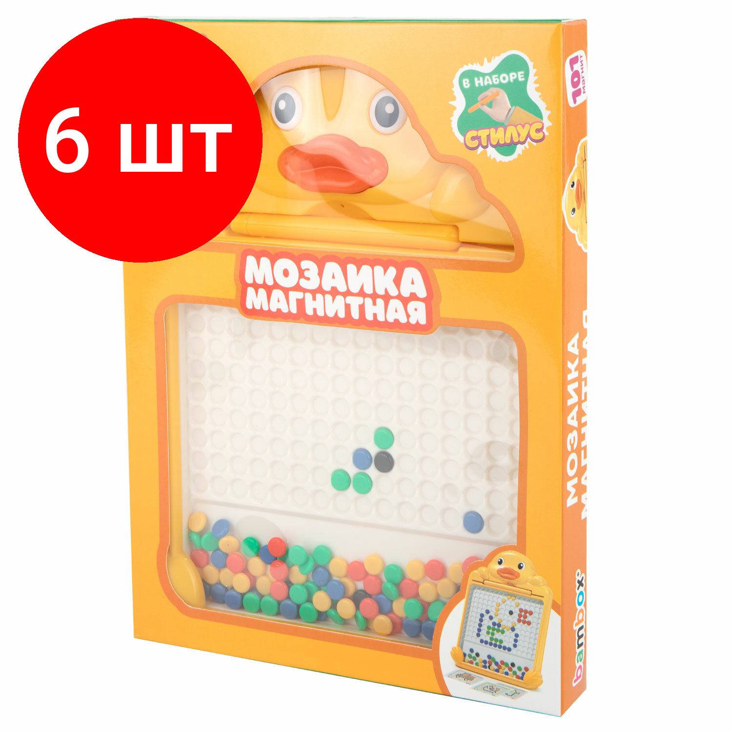 Комплект 6 шт, Мозаика магнитная развивающая для детей "Утенок", стилус, 101 магнит, 10 карточек, BAMBOX, 665888