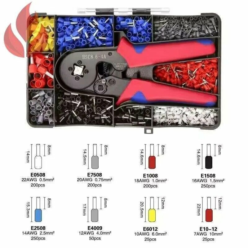 Кримпер для обжима проводов с наконечниками НШВИ / Обжимные пресс-клещи с набором клемм 1200 шт.