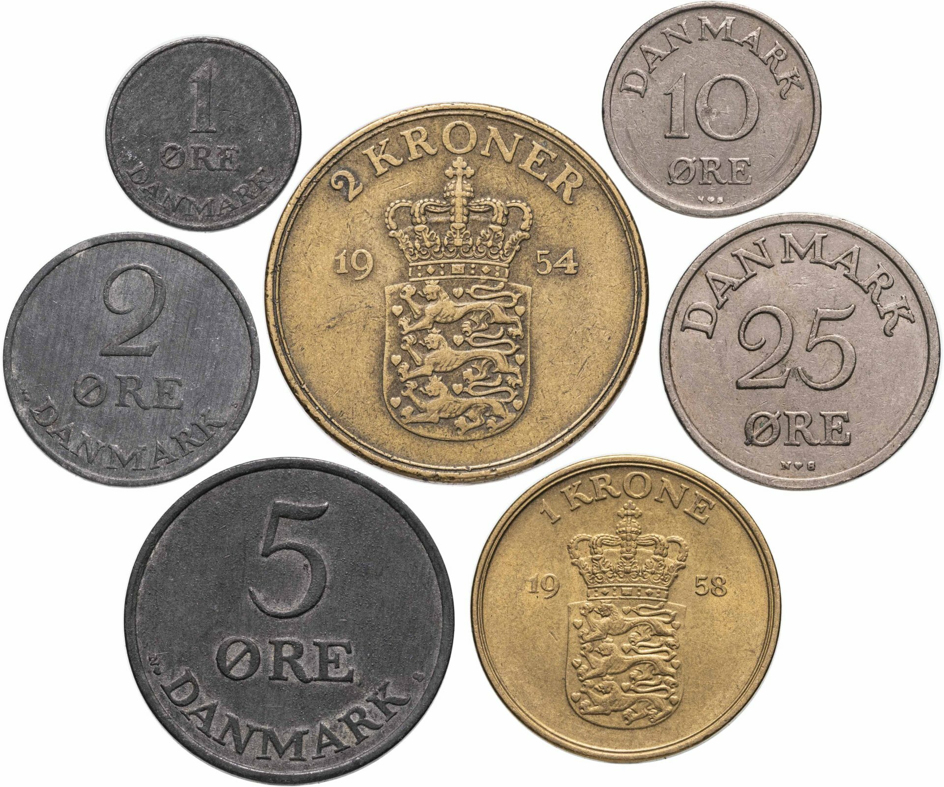 Дания полный набор монет для обращения 1951-1959 7 шт , Цинк, Мельхиор, Алюминиевая бронза, в сохранности VF-XF