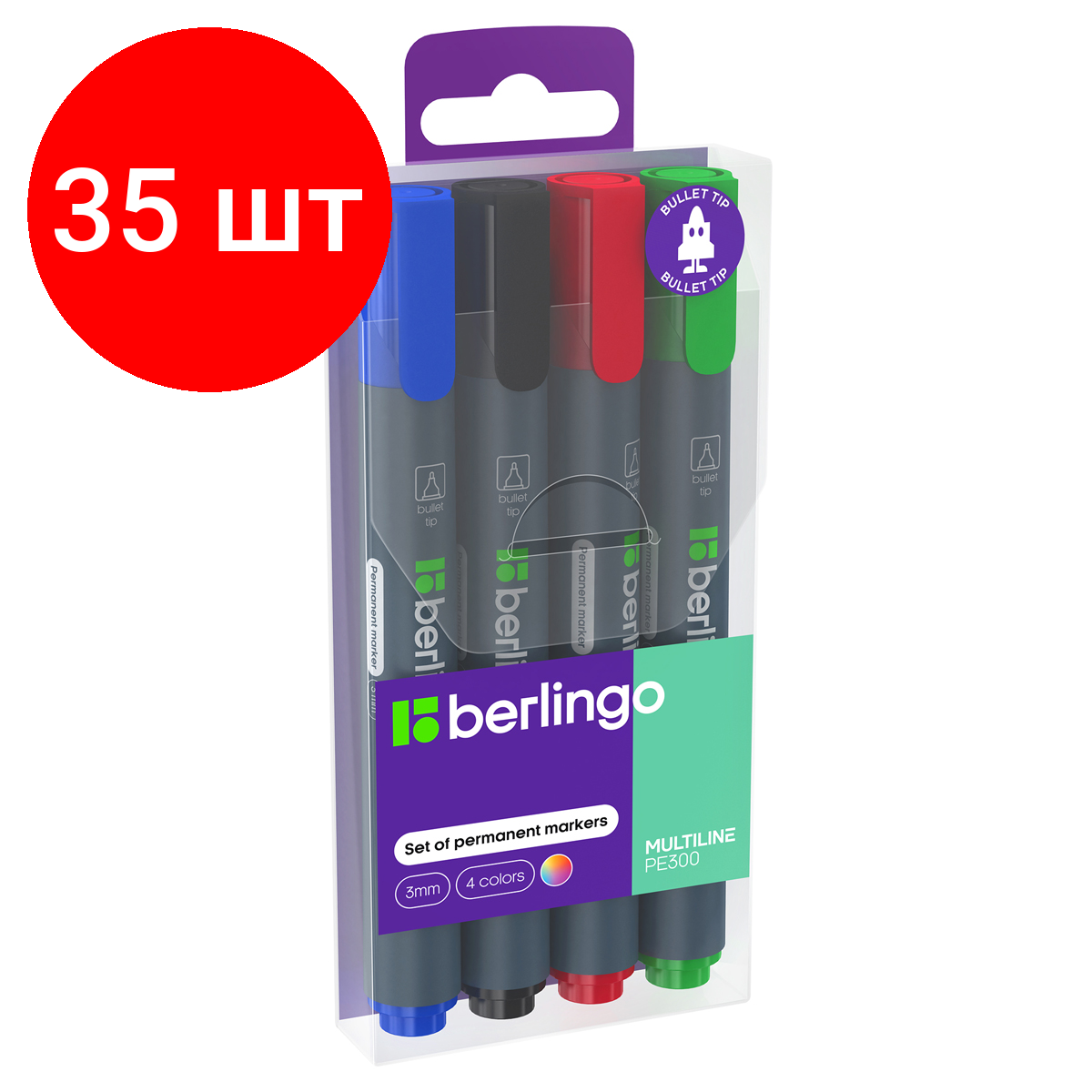 Комплект 35 шт, Набор перманентных маркеров Berlingo "MultiLine PE300" 04цв, пулевидный, 3.0мм