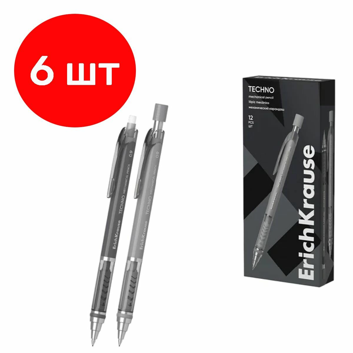Карандаш механический "Techno", 6 штук, с автоматической подачей грифеля 0,9 мм, HB