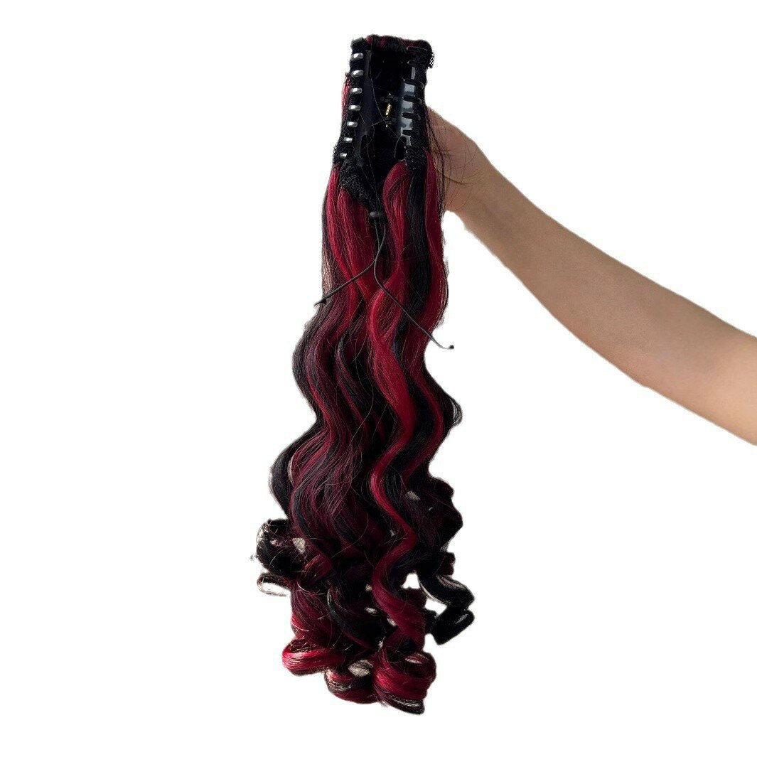 Европейский и американский стиль парик хвост для женщин, большая заколка, черный с красными прядями, 22inch длинных кудрявых волос, синтетический хвост, большие волны