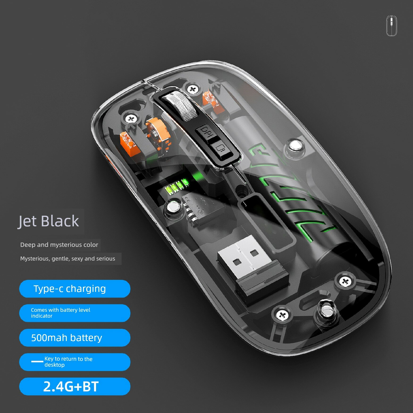 Беспроводная мышь Sunflower с Bluetooth для телефонов Android, бесшумная, двухрежимная, прозрачная Нефритовый черный -