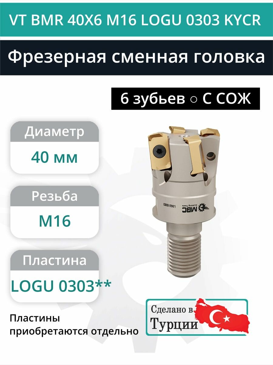 VT BMR 40X6 M16 LOGU 0303 KYCR фрезерная сменная головка 40 мм с резьбой M16 / с СОЖ