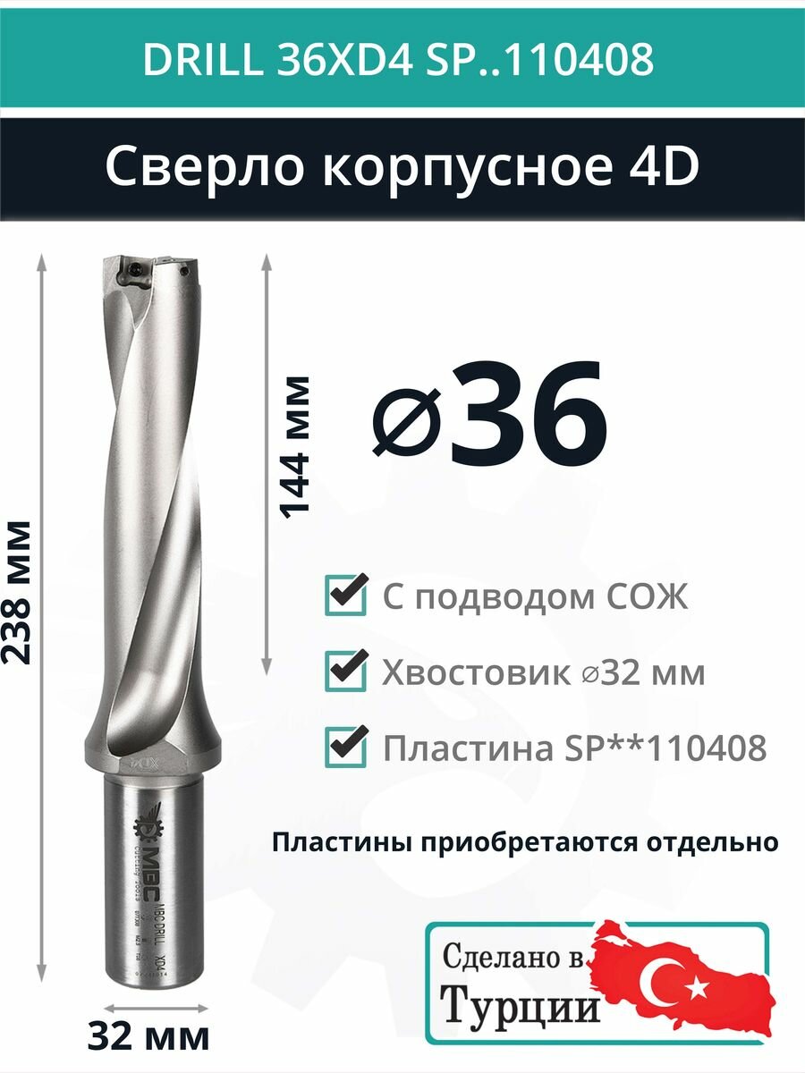 DRILL 36XD4 SP.110408 сверло корпусное - 36 мм / пластина SPMX 110408; SPMT 110408