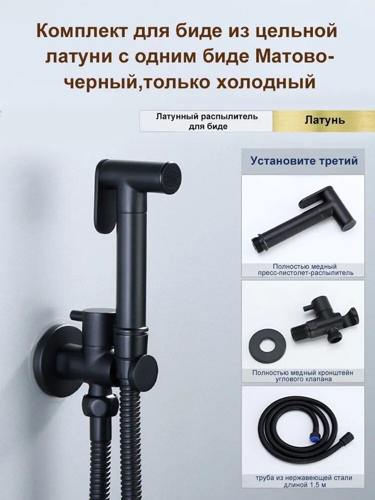 Лейка гигиеническая для биде (кран для холодной воды) RO5503B1 лейка, 1.5 M шланг, кран Матовый черный, латунь, Круглый