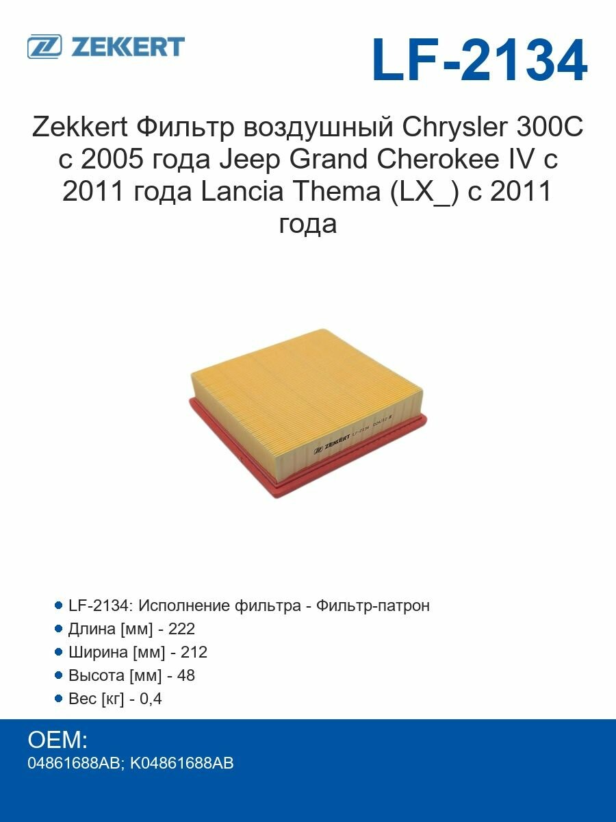 Zekkert Фильтр воздушный Chrysler 300C с 2005 года Jeep Grand Cherokee IV с 2011 года Lancia Thema (LX_) с 2011 года