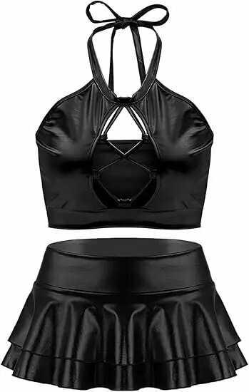 Женские комплекты одежды Rave для фестивалей, комплект из 2 предметов, металлические топы, юбка для вечеринки, клуба, голографический блестящий металлический костюм для сцены, Cos