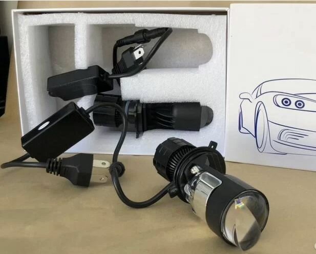 Светодиодные лампы H4 с линзой LED A82, ближний и дальний свет, мини bi-led линзы, комплект 2 шт.