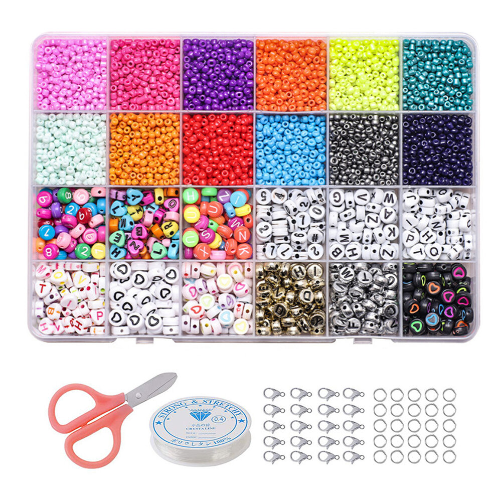 Набор стеклянных бусин с глазурью 24 цветов, 24000 шт 2мм, 12000 шт 3мм, 4000 шт 4мм (по желанию), с алфавитным узором, для изготовления браслетов и ожерелий вручную, в упаковке 195*133*40мм, вес 480г, включая ящик для хранения, ножницы, эластичный нить,