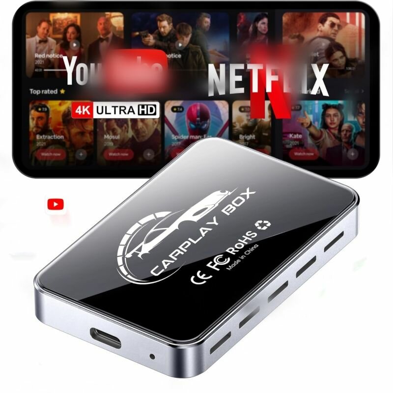 Беспроводной адаптер CarPlay и Auto с поддержкой 4K, Bluetooth 5.0, двухдиапазонным Wi-Fi, системой Android 12.0, совместимый со штатными CarPlay и Android Auto (4 ГБ ОЗУ + 32 ГБ ПЗУ)