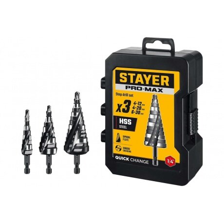 Набор ступенчатых сверл STAYER Pro-Max 3 шт, 4-30мм, винтовая спираль, (29661-4-30-H3)
