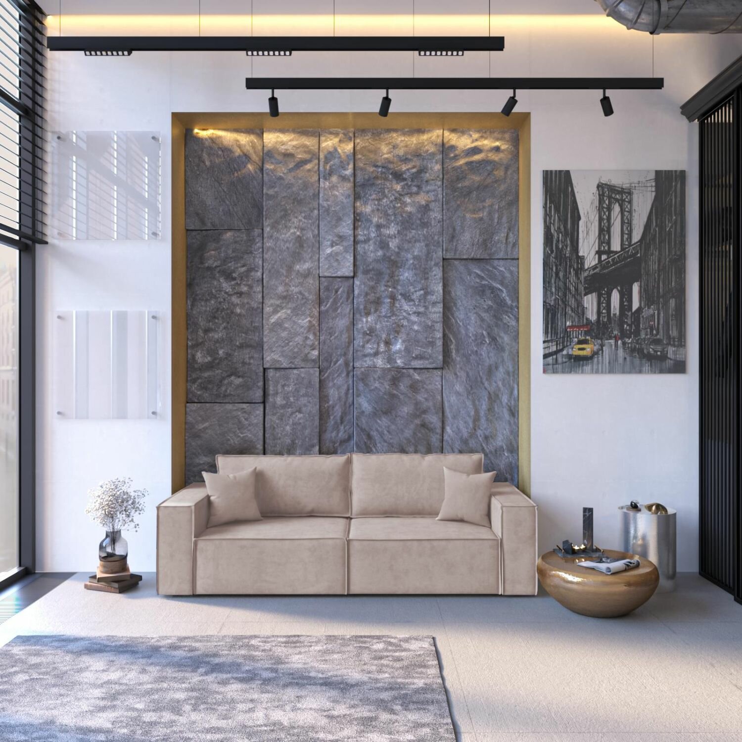 Диван кровать Manons Maison Hygge, раскладной механизм Еврокнижка, Велюр бежевый, 250х100х86 см