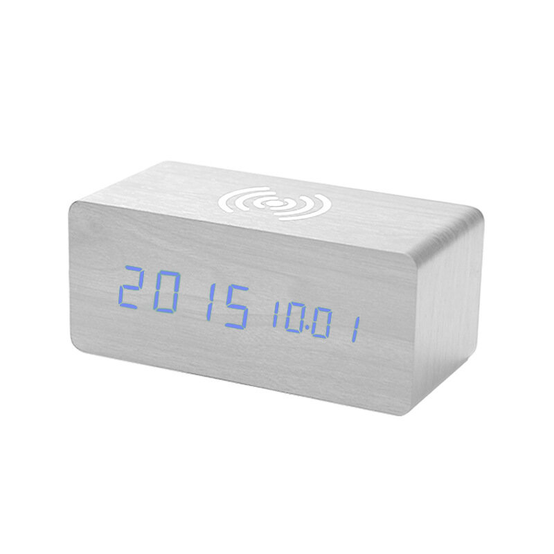 Деревянные часы для дома с беспроводной зарядкой, умные бесшумные электронные часы с голосовым управлением, деревянные LED-часы с беспроводной зарядкой и цифровым дисплеем.