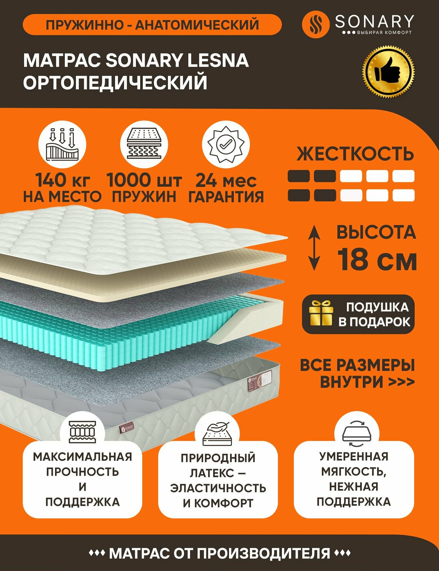 Матрас Sonary Lesna 90х210 серии Town высота 18 см анатомический средней жесткости латексный Независимые пружины