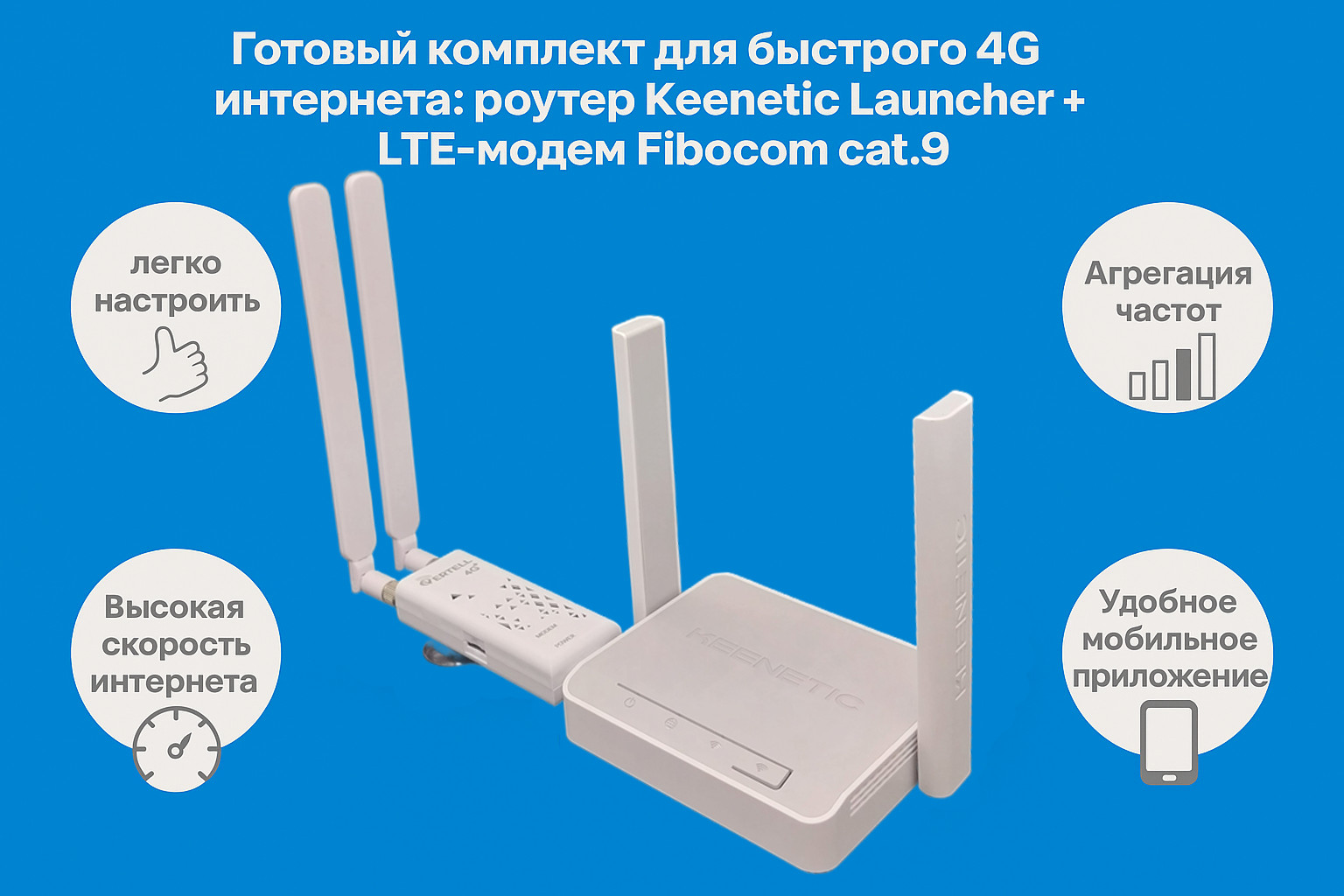 Комплект для интернета Wi-Fi роутер Keenetic Launcher 4G+Модем 4G LTE Fibocom L850 cat.9 в корпусе VERTELL LONG USB-M.2+Sim-карта в подарок