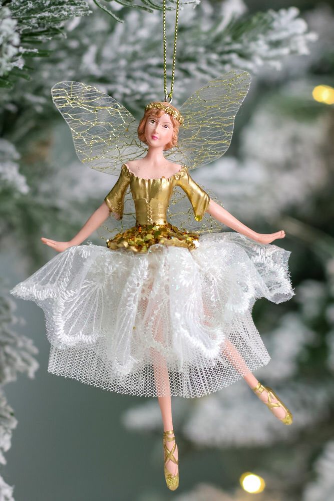 Ёлочная игрушка балерина - ажурный мотылёк (в корсаже с рукавами до локтя), полистоун, текстиль, золотая, 16 см, Goodwill MO93042-3