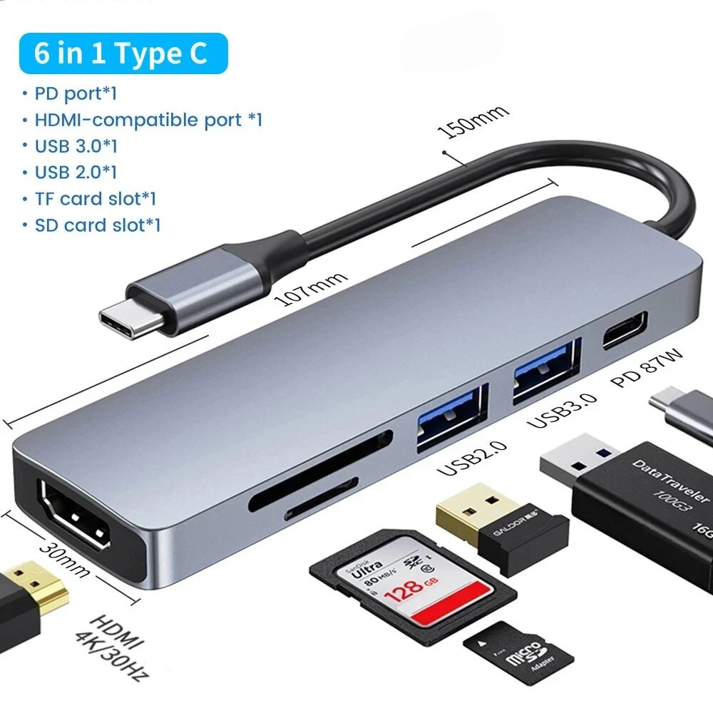 USB C концентратор 6 в 1 с HDMI, USB 3.0, SD, TF