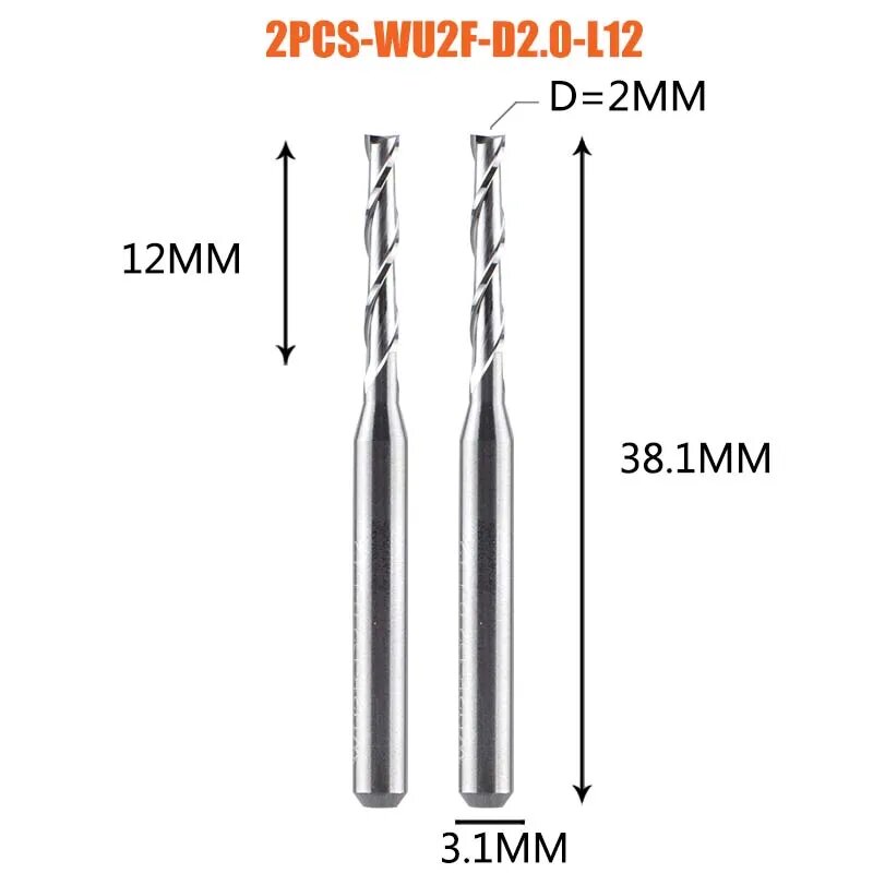 Фрезы спиральные 2 шт. WU2F-D2.0-L12, 2 мм