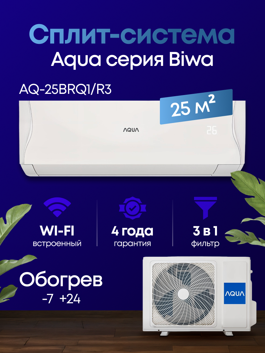 Мощная сплит система Aqua AQ-25BRQ1/R3 WIFI Управление, 4 года гарантии