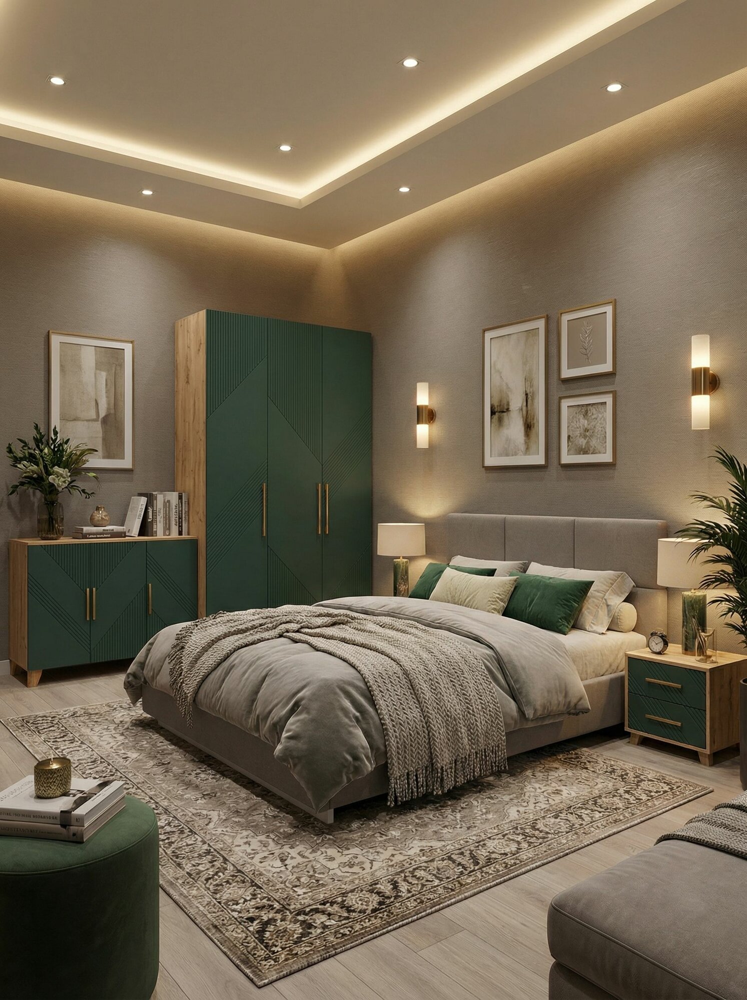 Комплект мебели для спальни Ирис (comp3) (Браш Мени Грин, Дуб Крафт) (Диал Соната Шерлок 932/Белый)