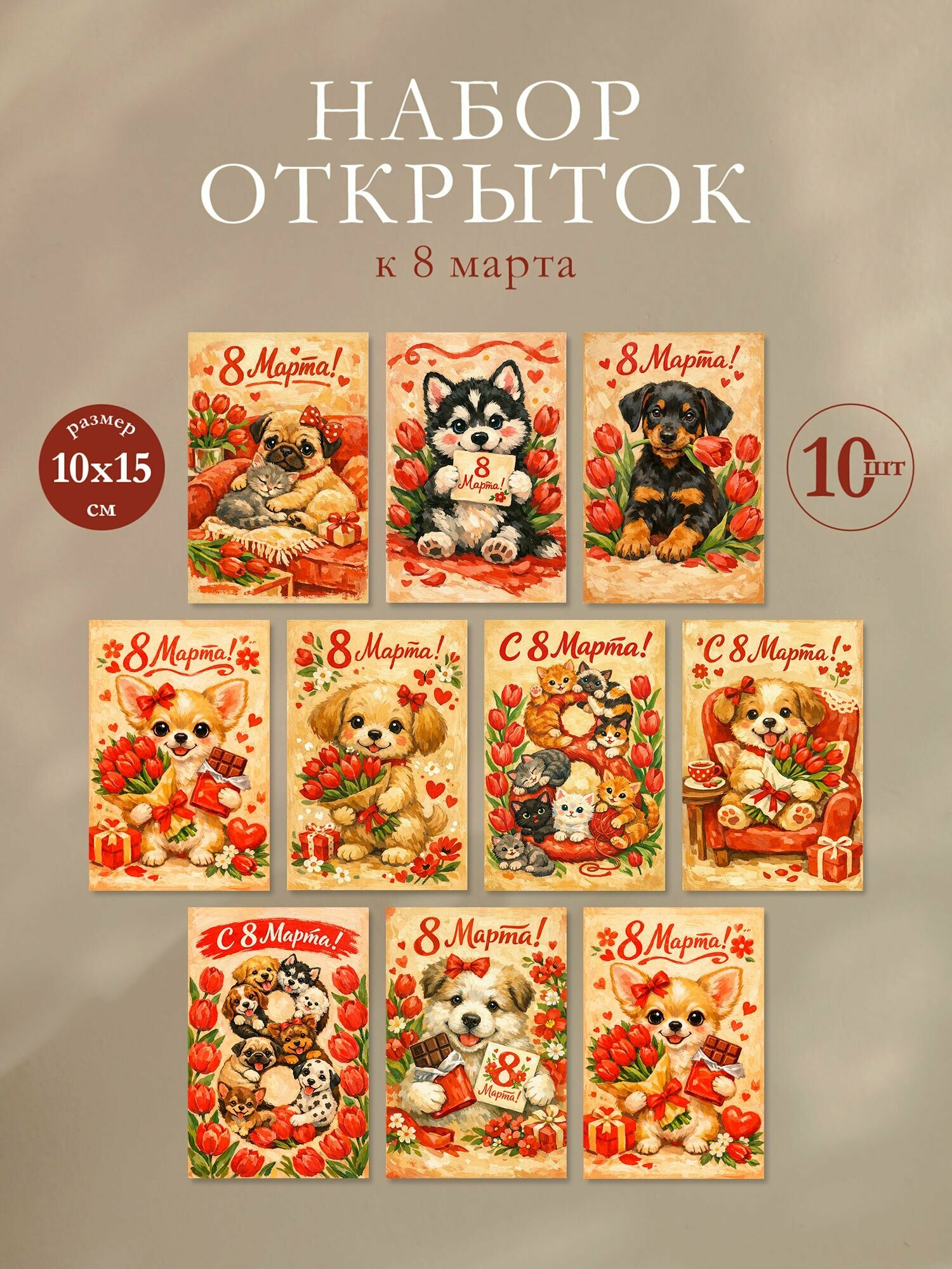 Открытки 8 марта, 10 шт