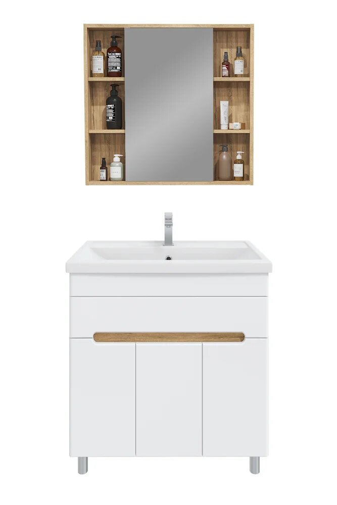 Мебель для ванной комнаты SanStar Модена 80 напольная, глянцевая белая, дуб вотан, раковина Фостер 80